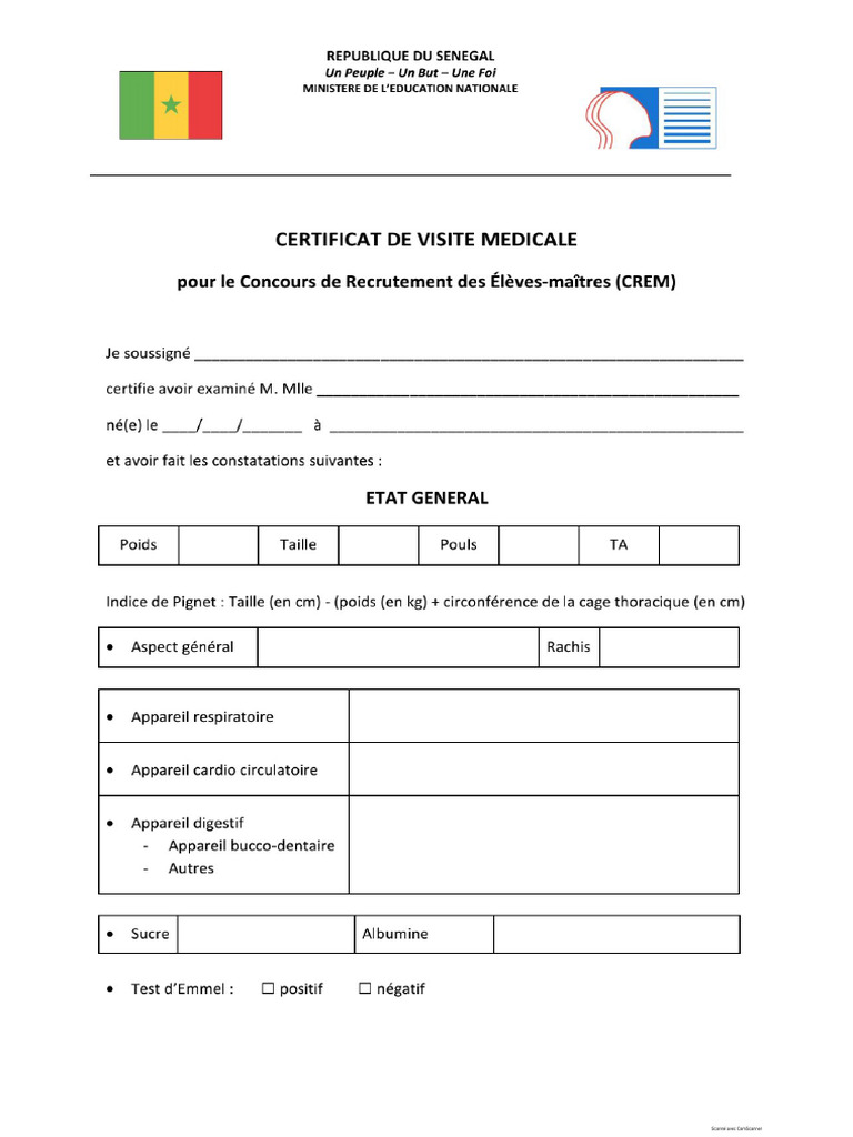 Certificat Visite Medical CREM 1 | PDF