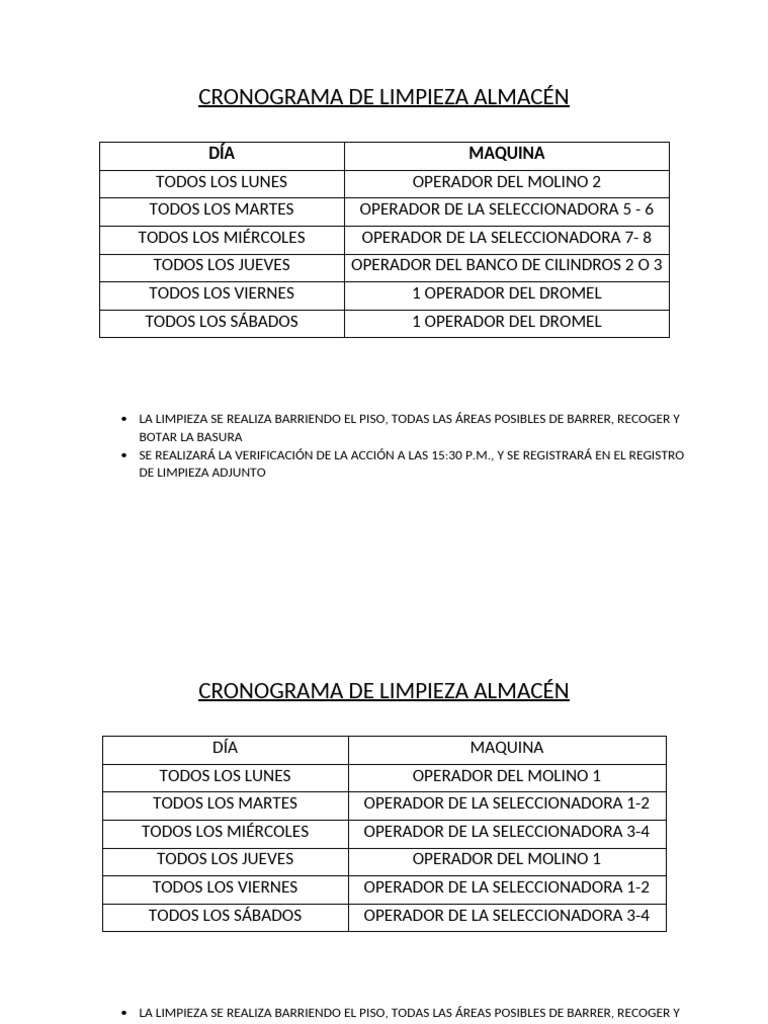 Cronograma de Limpieza Almacén | PDF