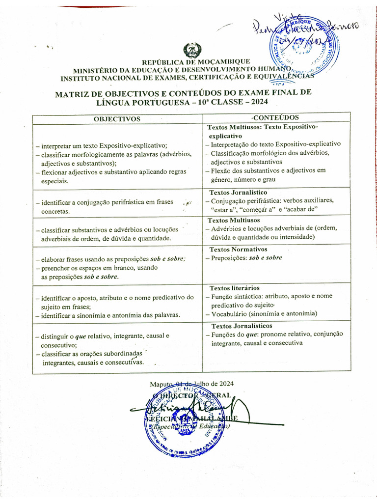Matriz Dos Exames Da 10 Classe 2024 | PDF