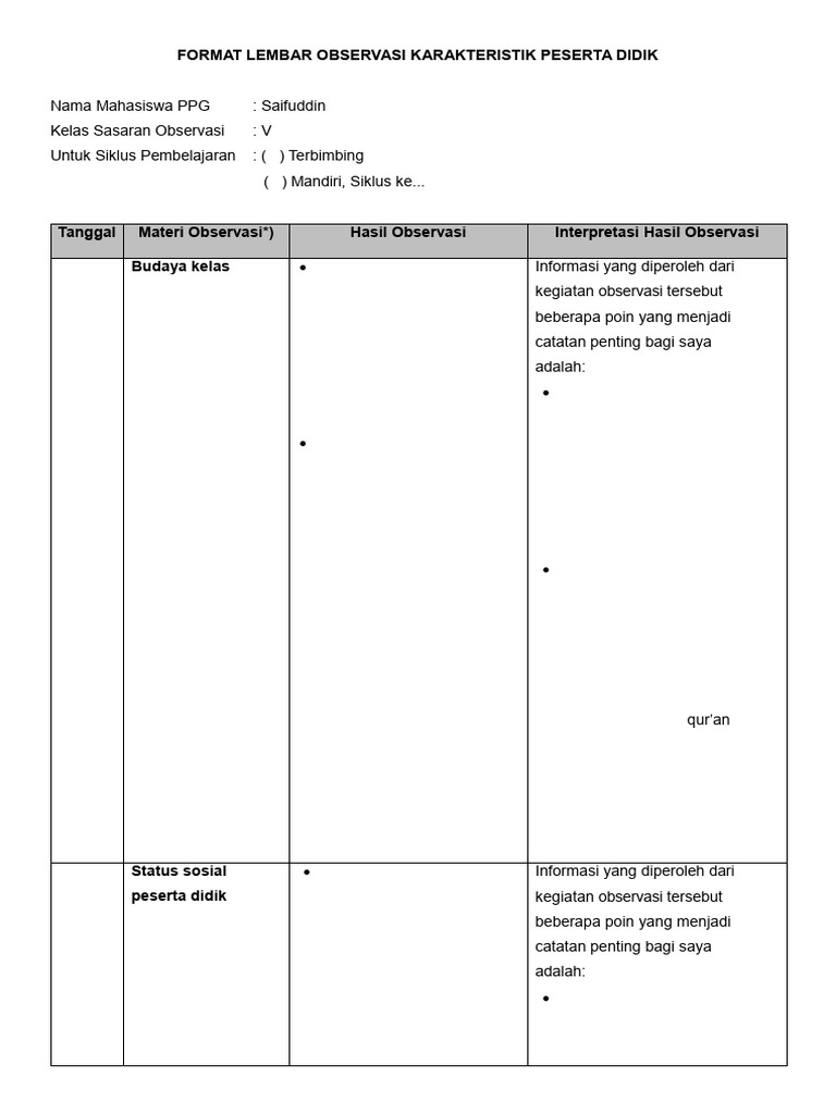 Lembar Observasi Karakteristik Peserta Didik.. | PDF | Pengembangan Diri