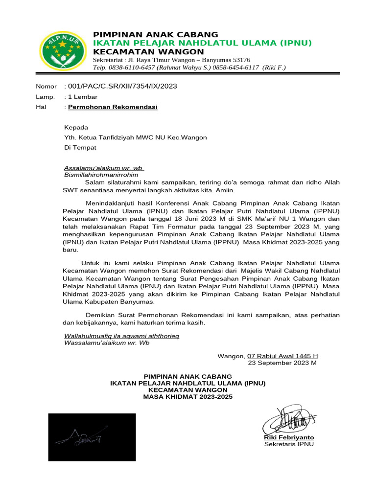 01 Surat Permohonan Rekomendasi PAC Ke MWC | PDF | Ilmu Sosial | Agama ...