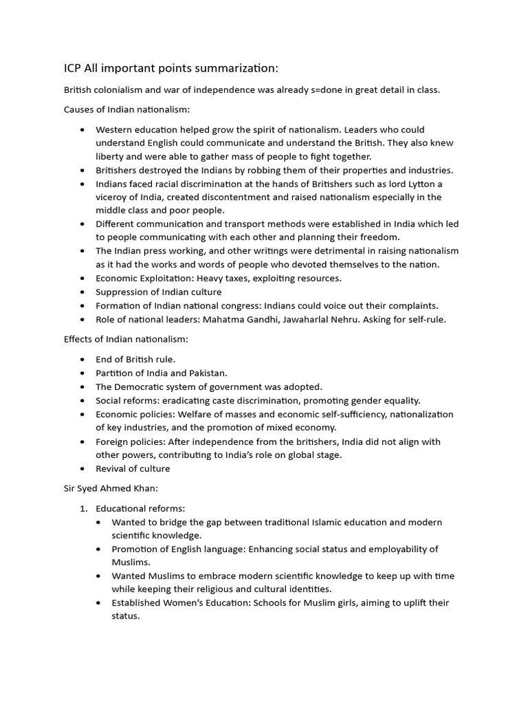 ICP All important points summarization | PDF | British Raj | All India ...
