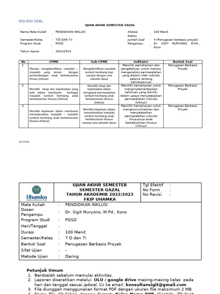 Contoh Uas Inklusi | PDF | Karier & Perkembangan | Sains & Matematika