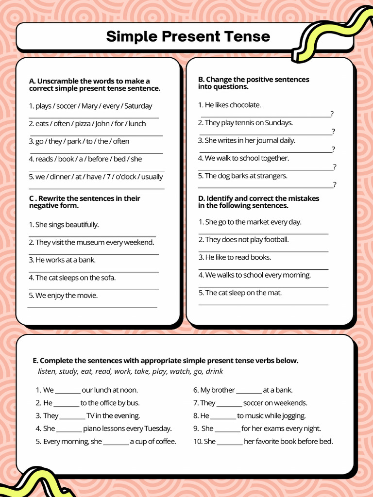 Simple Present Tense Exercise Worksheet Orange Cute Simple Style | PDF