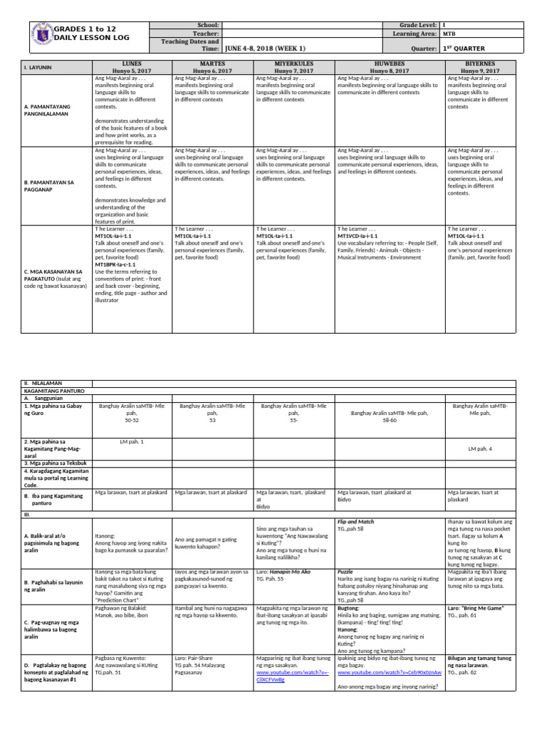DLL - MTB 1 - Q1 - W1 | PDF