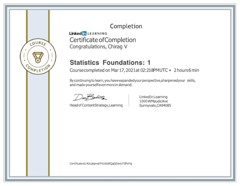CertificateOfCompletion - Statistics Foundations | PDF