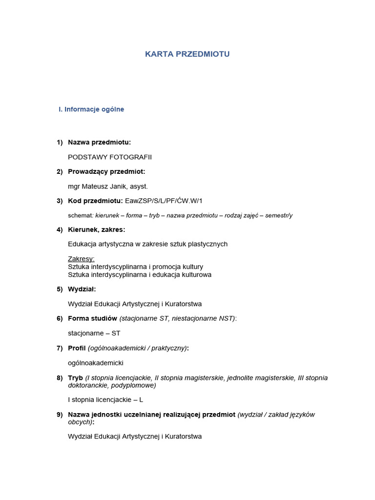 KARTA PRZEDMIOTU Podstawy Fotografii I Stopien 1 | PDF