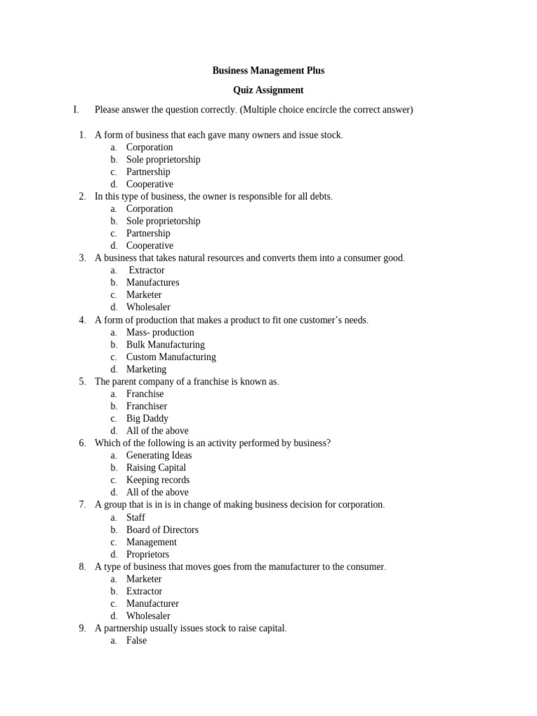 Business Management Quiz and Leadership Insights | PDF | Sole ...