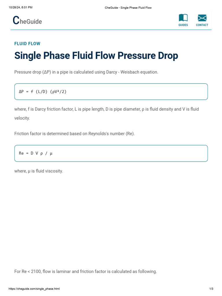 CheGuide Single Phase Fluid Flow | PDF | Science & Mathematics | Technology & Engineering