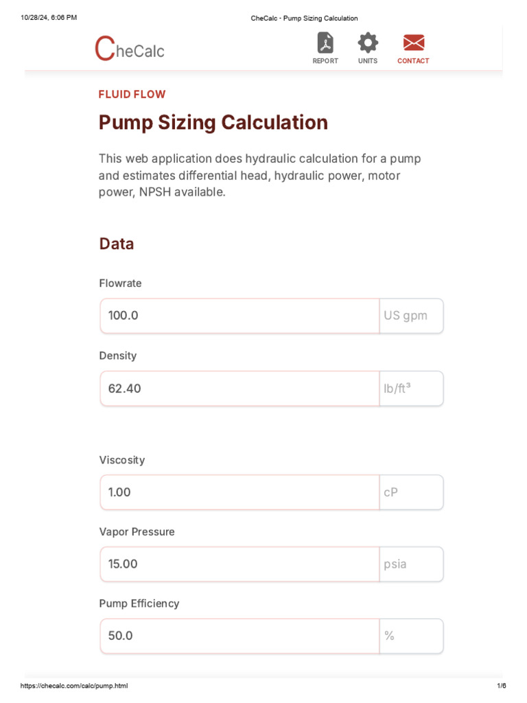 CheCalc Pump Sizing Calculation | PDF | Pump | Valve