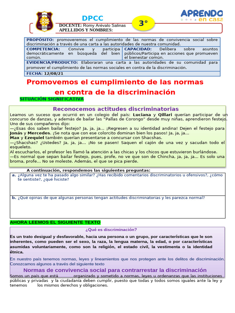 13 de AGOSTO - 3RO Promovemos El Cumplimiento de Las Normas en Contra de La Discriminacuion ...