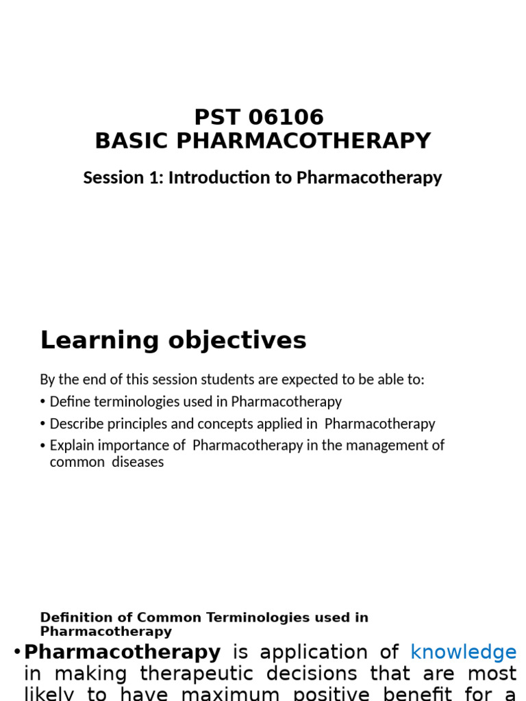 Session 1- Introduction to Pharmacotherapy | PDF | Patient | Therapy