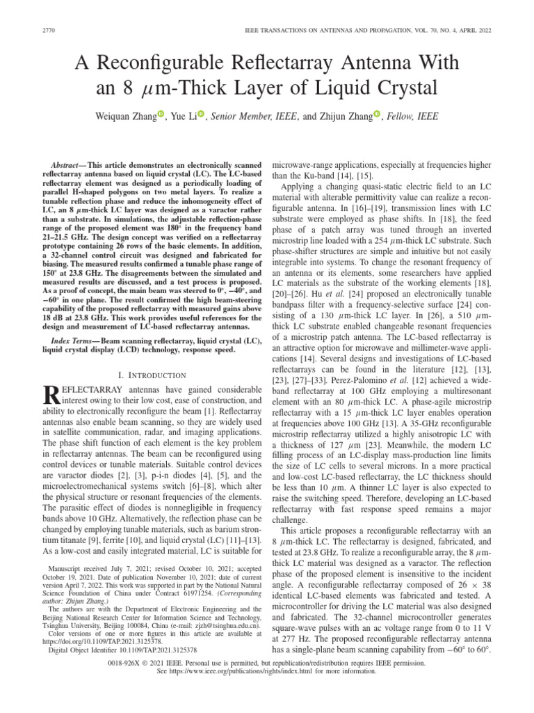 A Reconfigurable Reflectarray Antenna With an 8 μm-Thick Layer of Liquid Crystal | PDF | Antenna ...