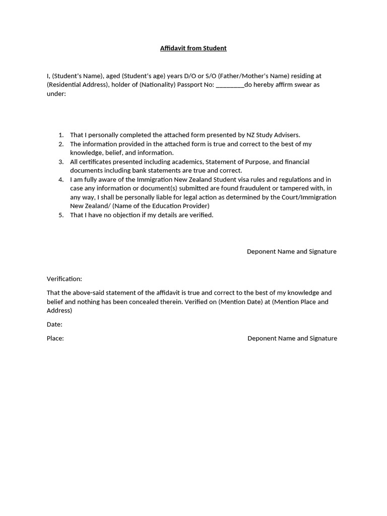 Student Affidavit Format - NZ Study Advisers | PDF