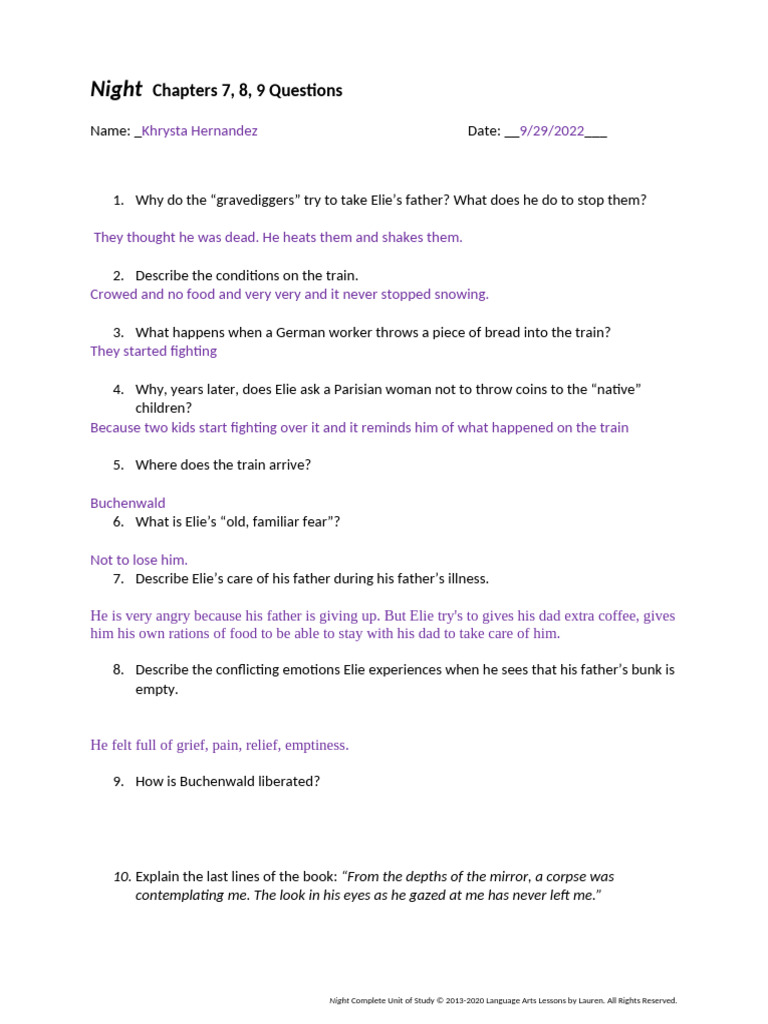 Night Chapters 7,8,9 Questions | PDF