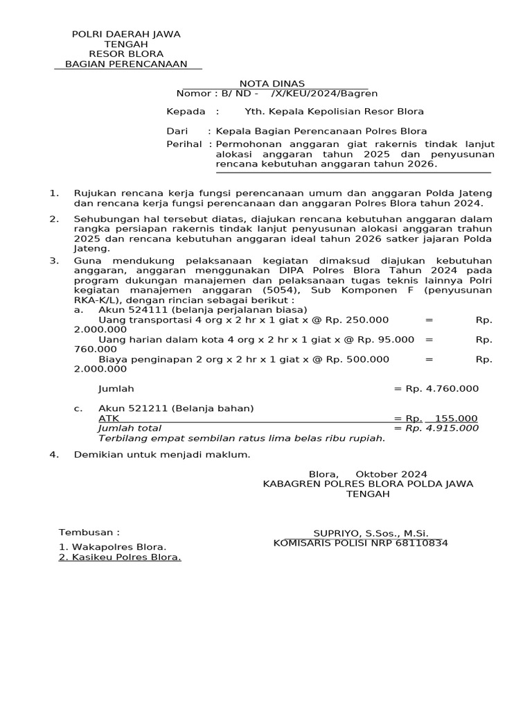 Nota Dinas Renbut Alokasi Gar | PDF