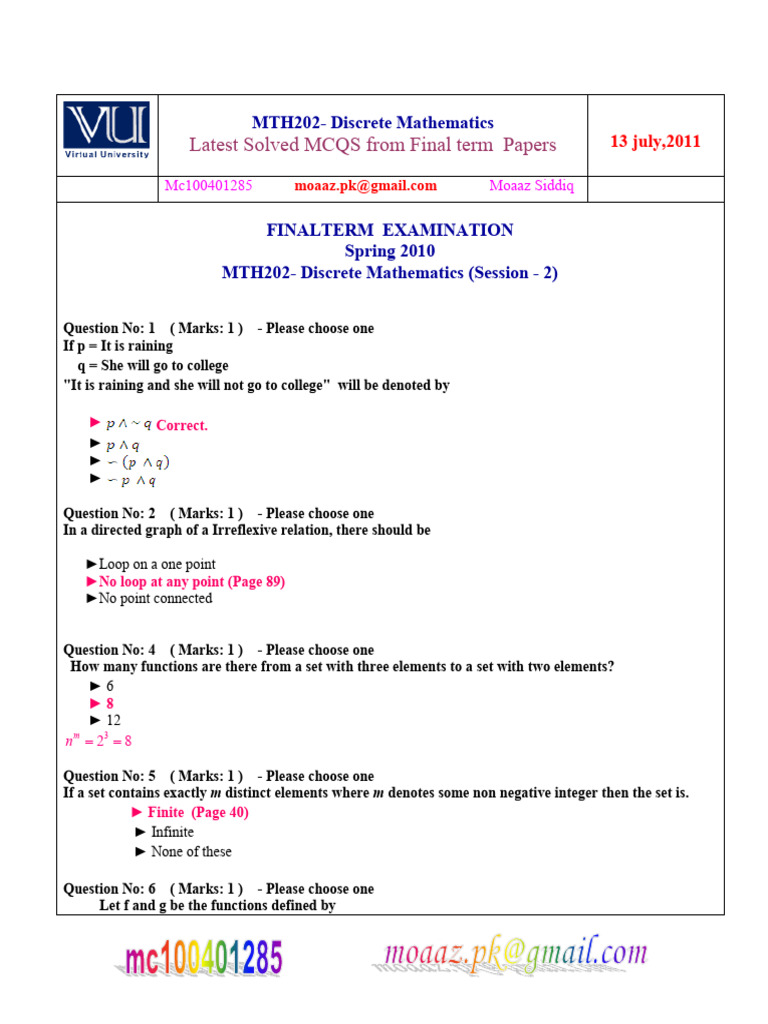 Latest Solved MCQS From Final Term Papers: MTH202-Discrete Mathematics ...
