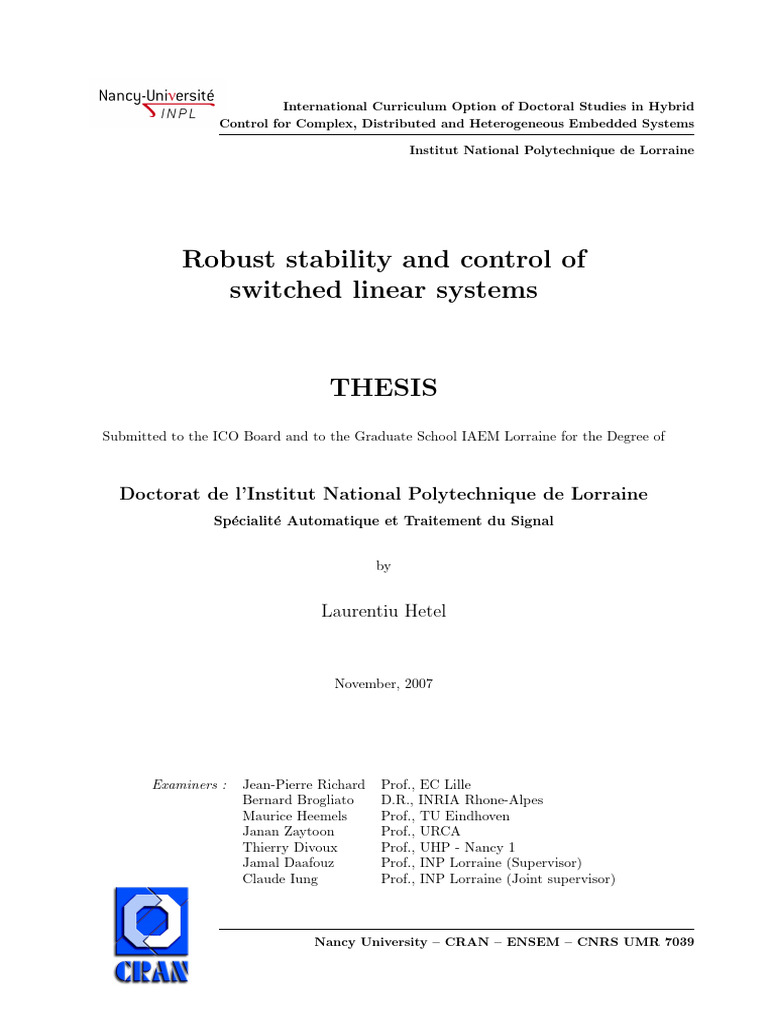 Phd_Hetel-Robust stability and control of | PDF | Stability Theory | Matrix (Mathematics)