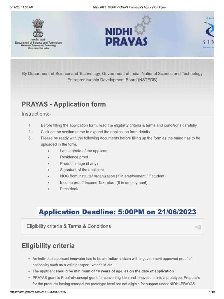 Dst-Nidhi Prayas Form Filled | PDF