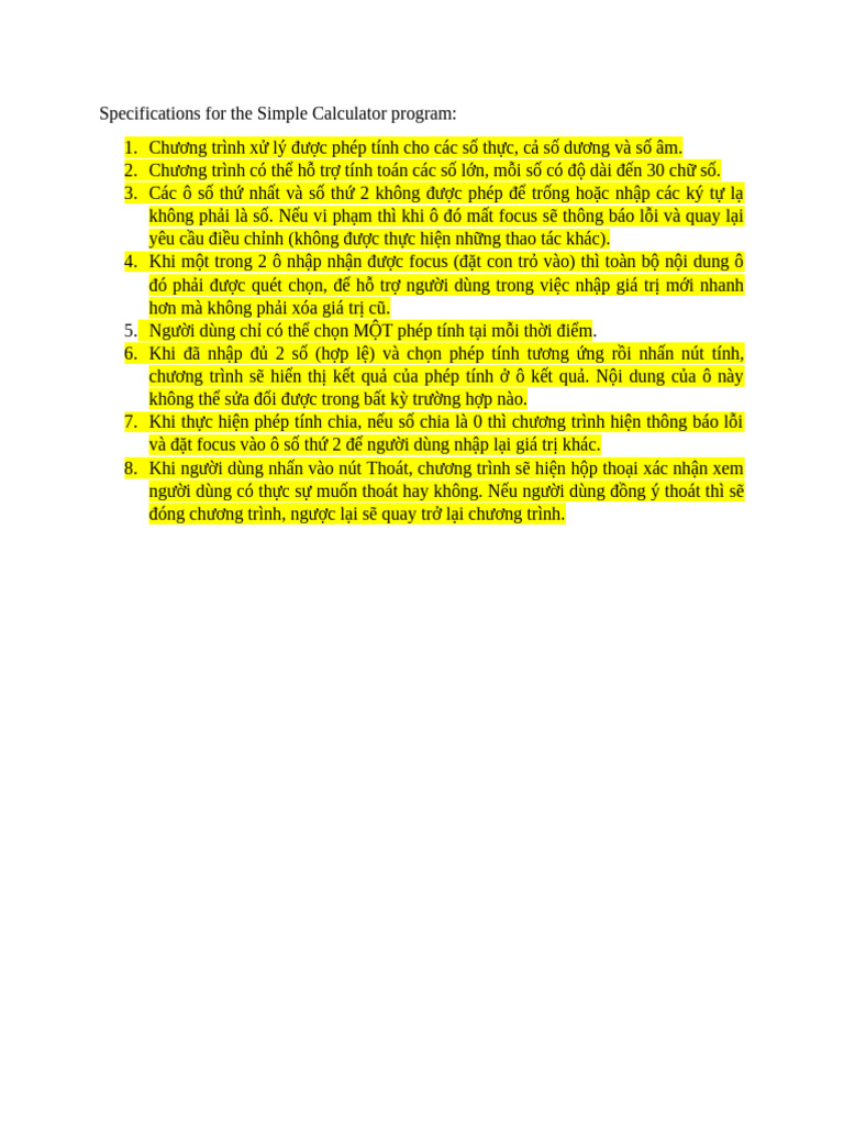 Specifications for the Simple Calculator Program | PDF Specifications for the Simple Calculator Program | PDF