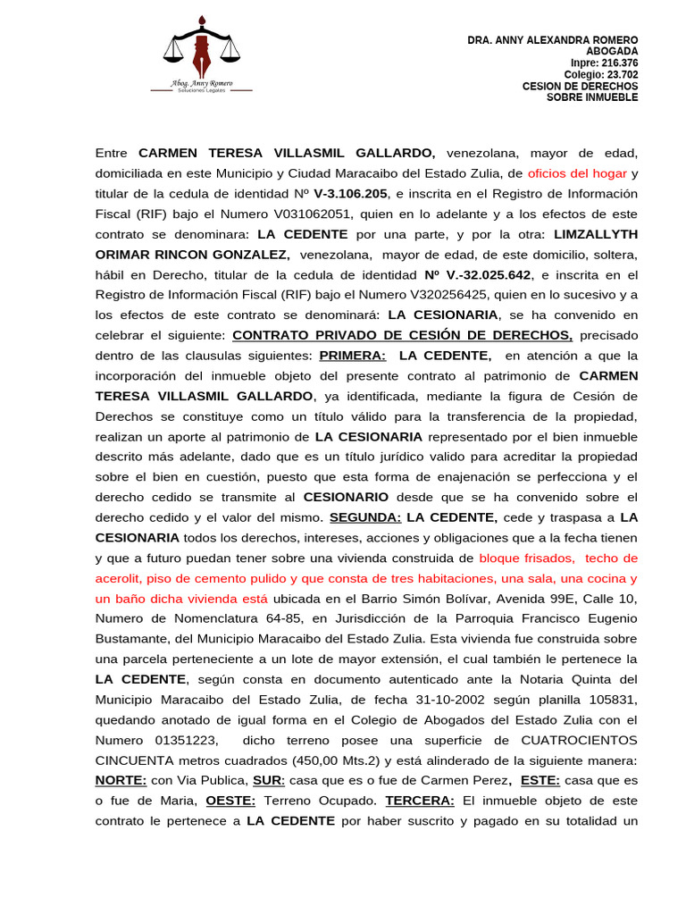Cesion de Derechos Carmen Villasmil - Limzallyth Rincon | PDF | Propiedad