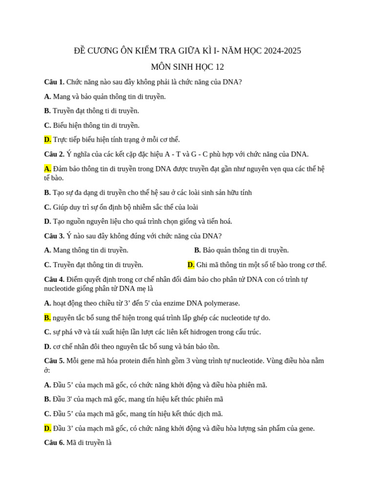 SINH 12 GK1 (4 Đáp Án) | PDF