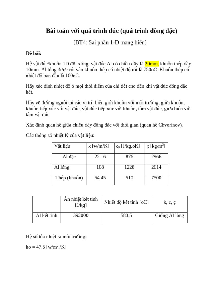Bài toán với quá trình đúc (quá trình đông đặc) : (BT4: Sai phân 1-D mạng hiện) | PDF