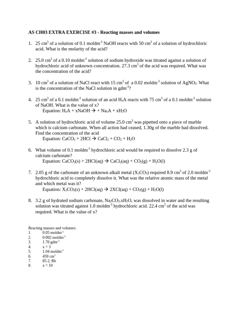 AS CH03 EXTRA EXERCISE 3 - Reacting Masses and Volumes | PDF
