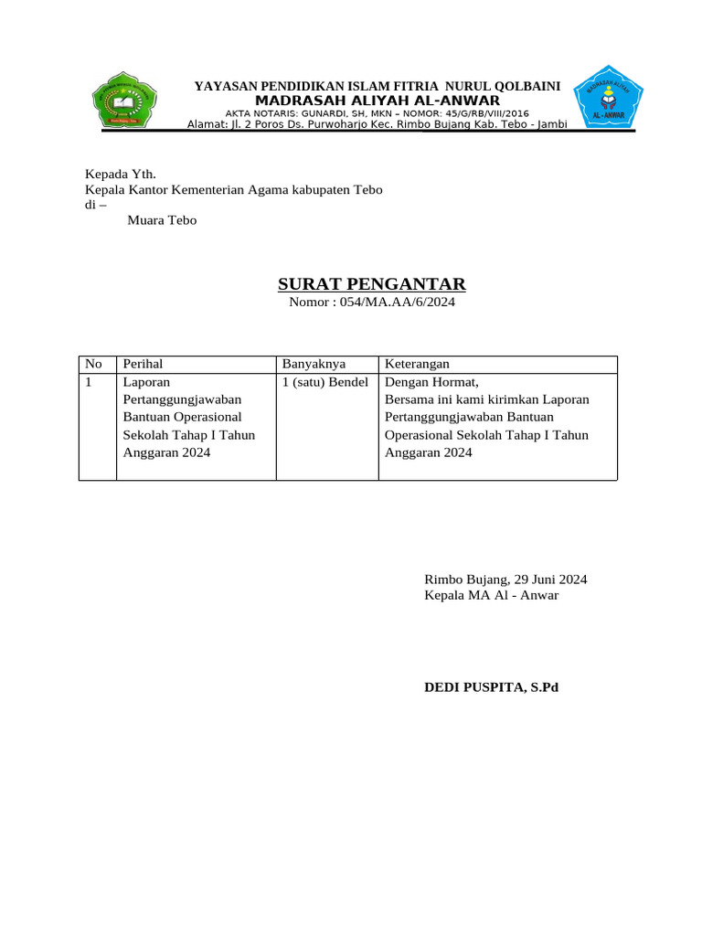 Surat Pengantar LPJ Bos | PDF