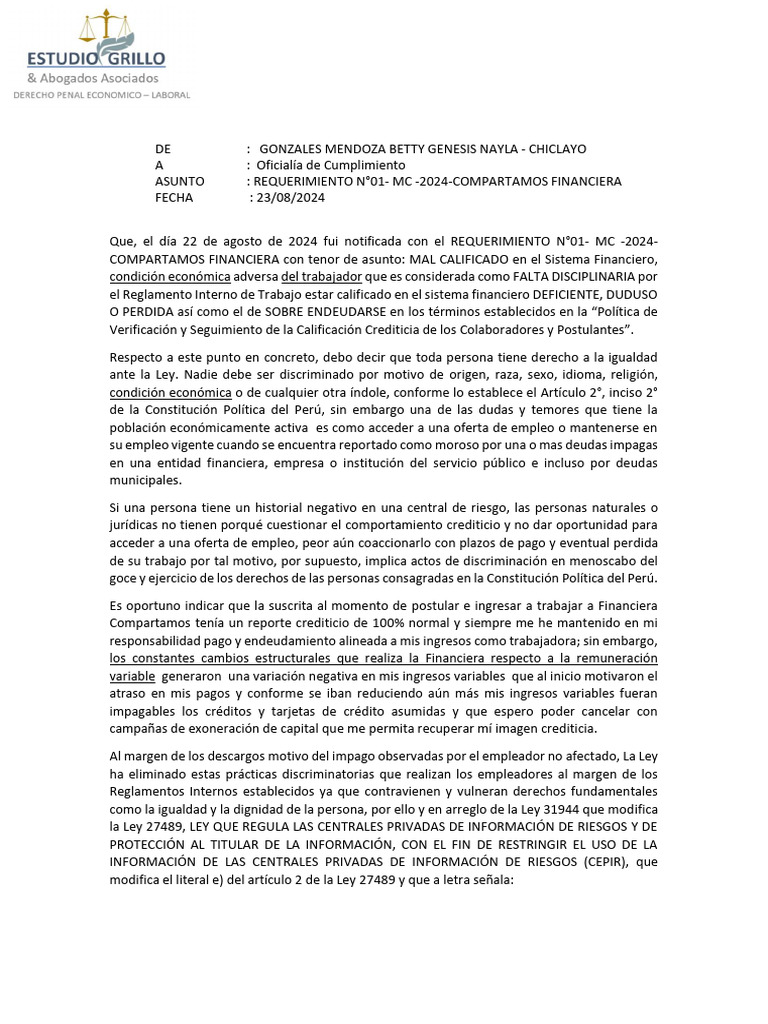Documento Laboral - Sustento Por Mala Calificación SBS de Trabajador | PDF | Estatuto | Perú