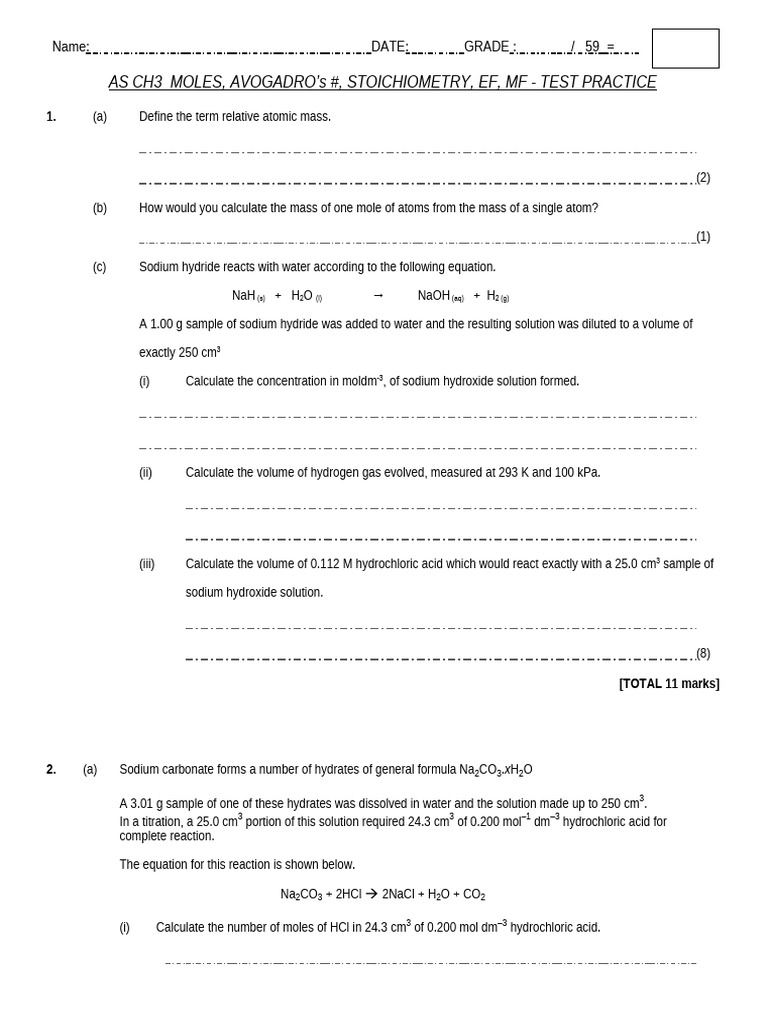 AS CH 03 AMOUNT OF SUBSTANCE Test Practice With Answers | PDF | Acid ...