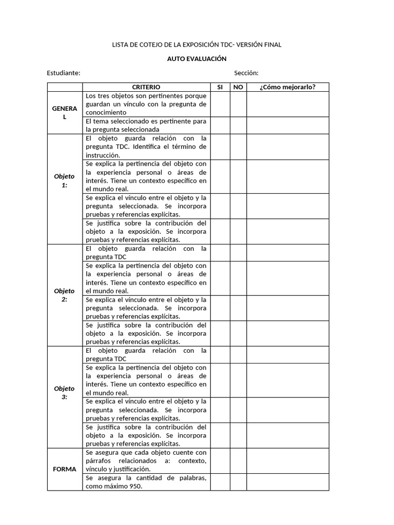 Lista de Cotejo. Exposición TDC. Autoevaluación | PDF | Cognición