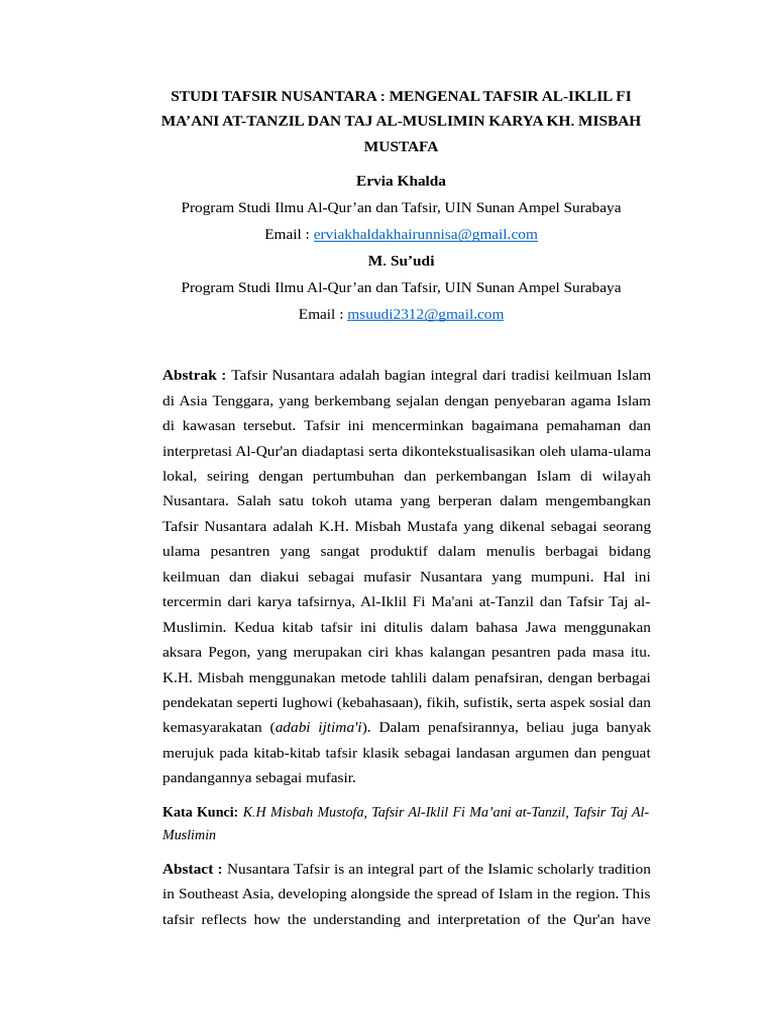 Studi Tafsir Nusantara: Mengenal Tafsir Al-Iklil Dan Tajul Muslimin Karya KH. Misbah Mustafa ...