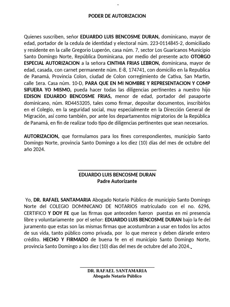 Poder de Autorizacion de Eduardo Luis Bencosme Duran | PDF
