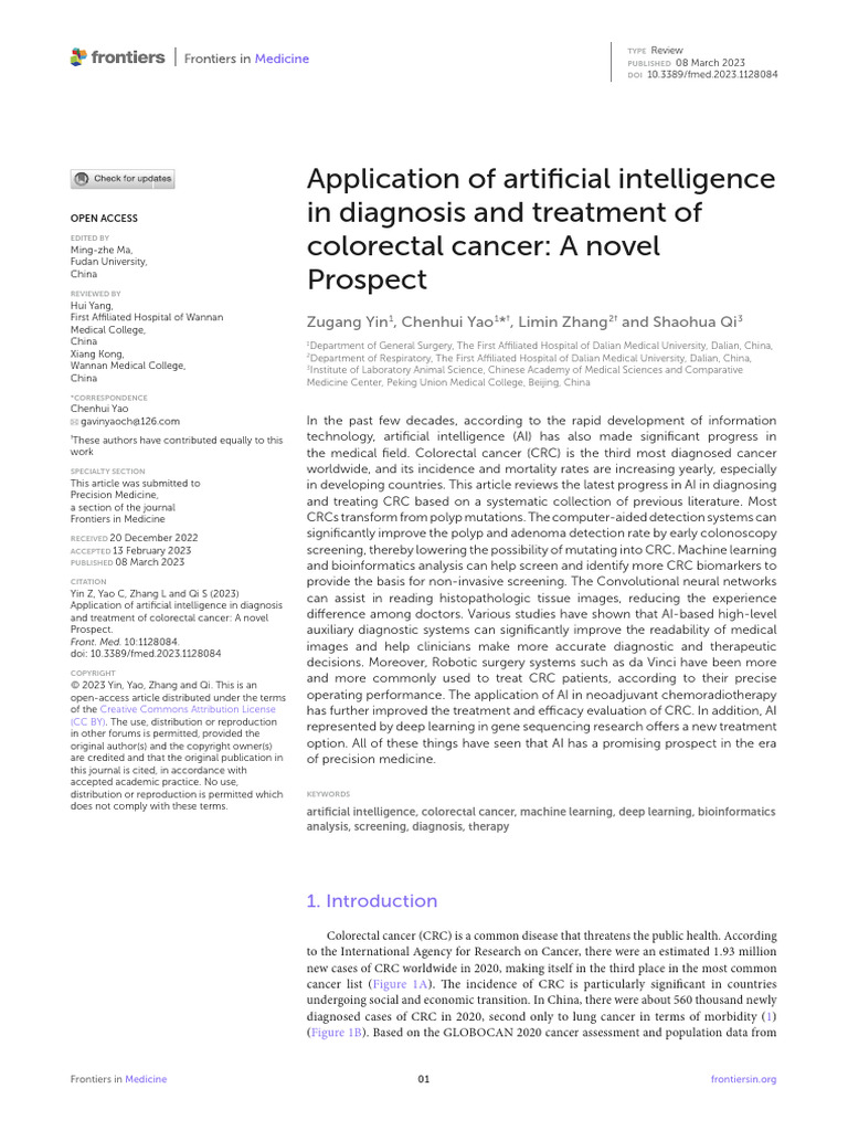 Application of Artificial Intelligence in Diagnosis and Treatment of Colorectal Cancer A Novel ...