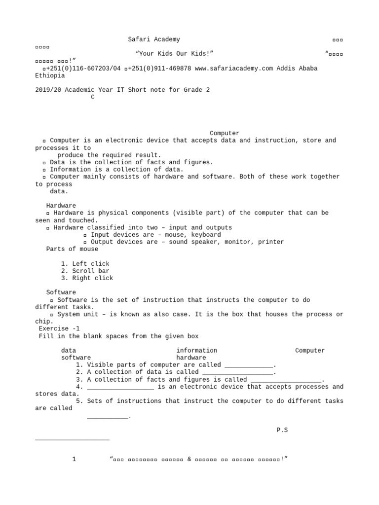 Grade 2 IT Short Note PDF | PDF | Computer Hardware | Input/Output