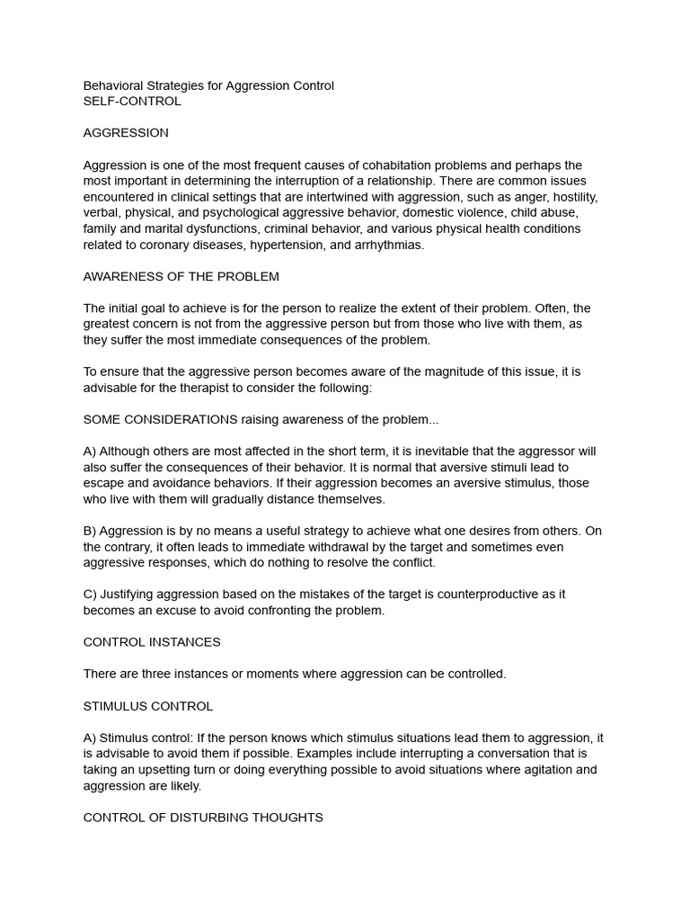 Behavioral Strategies For Aggression Control SELF-CONTROL | PDF ...