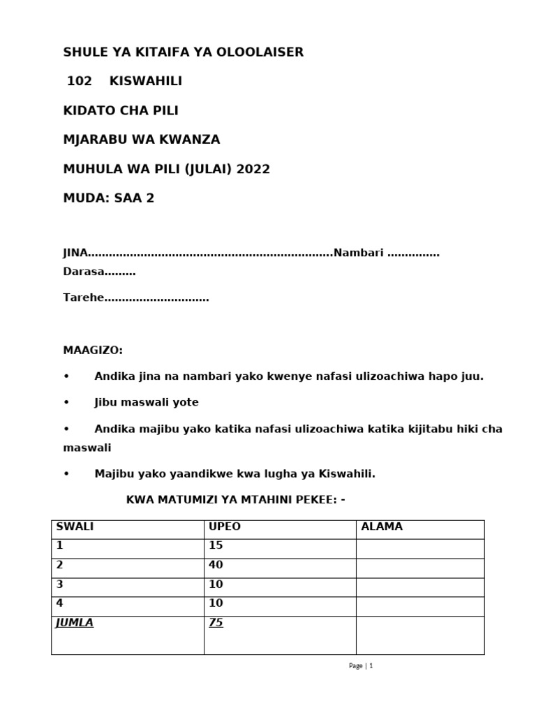 102 KISWAHILI F2 QS EndTerm 3 2022 | PDF | Foreign Language Studies | Science & Mathematics