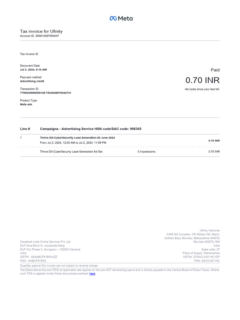 Ufinity Meta Ads Tax Invoice July 2024 | PDF | Government Finances | Taxes