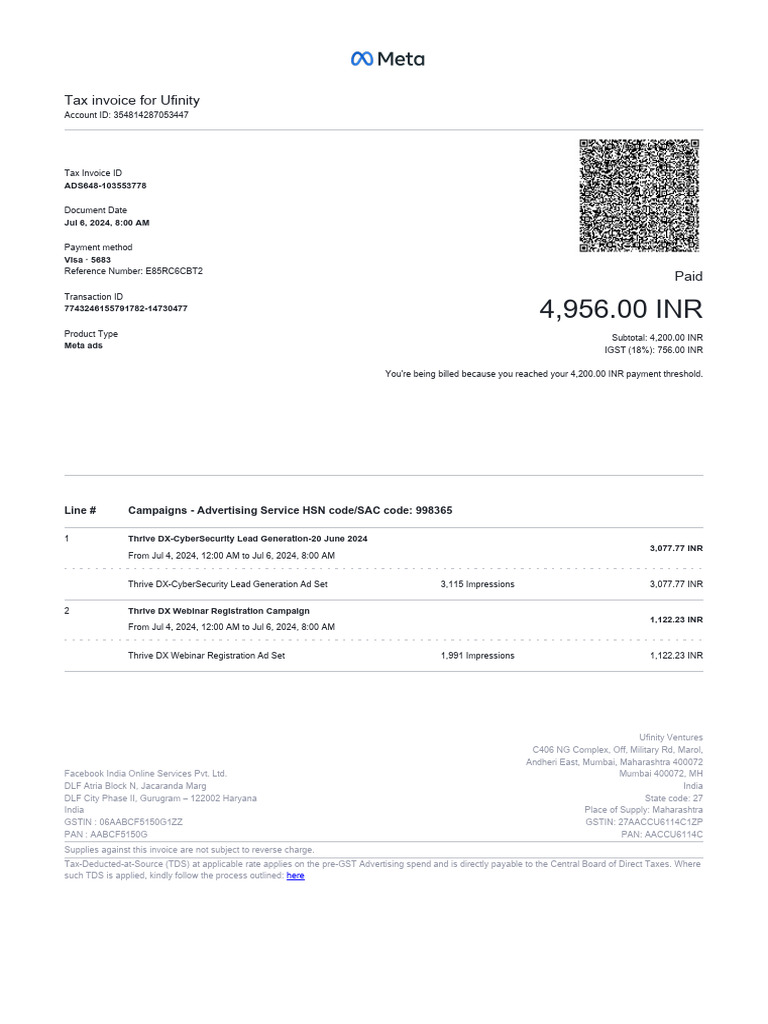 Ufinity Meta Ads Tax Invoice | PDF | Taxes | Government Finances
