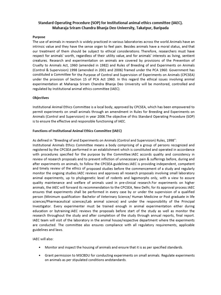 Sop Animal Ethics | PDF | Animal Testing | Experiment