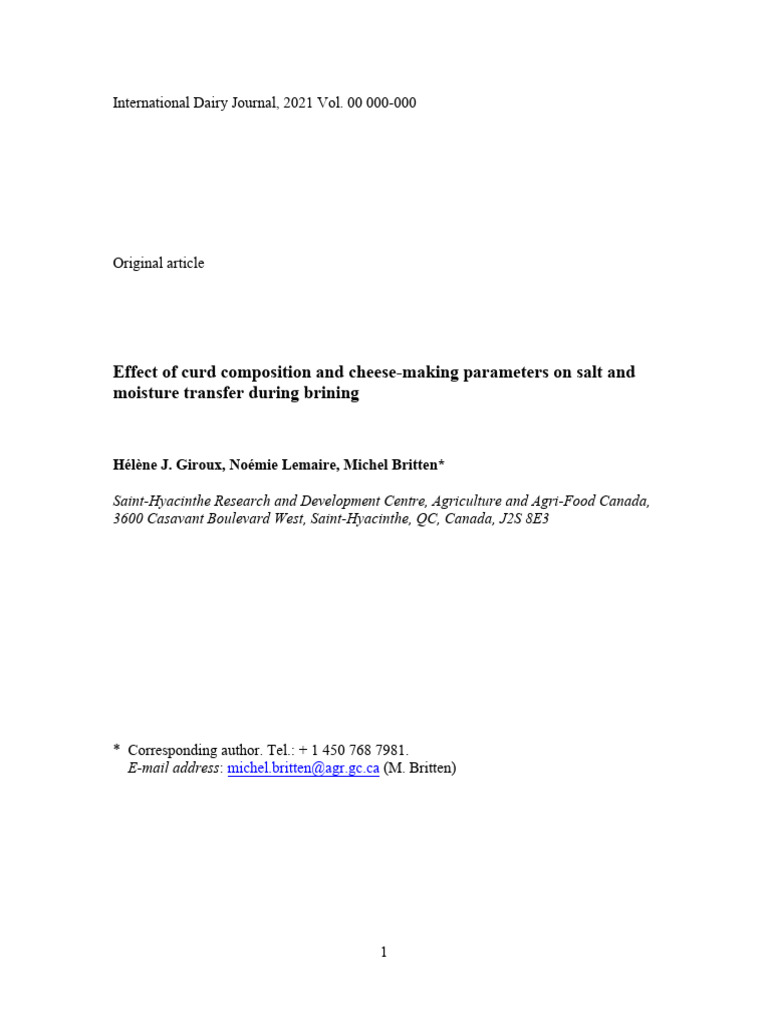 Effect of Curd Composition and Cheese-Making Parameters On Salt and ...