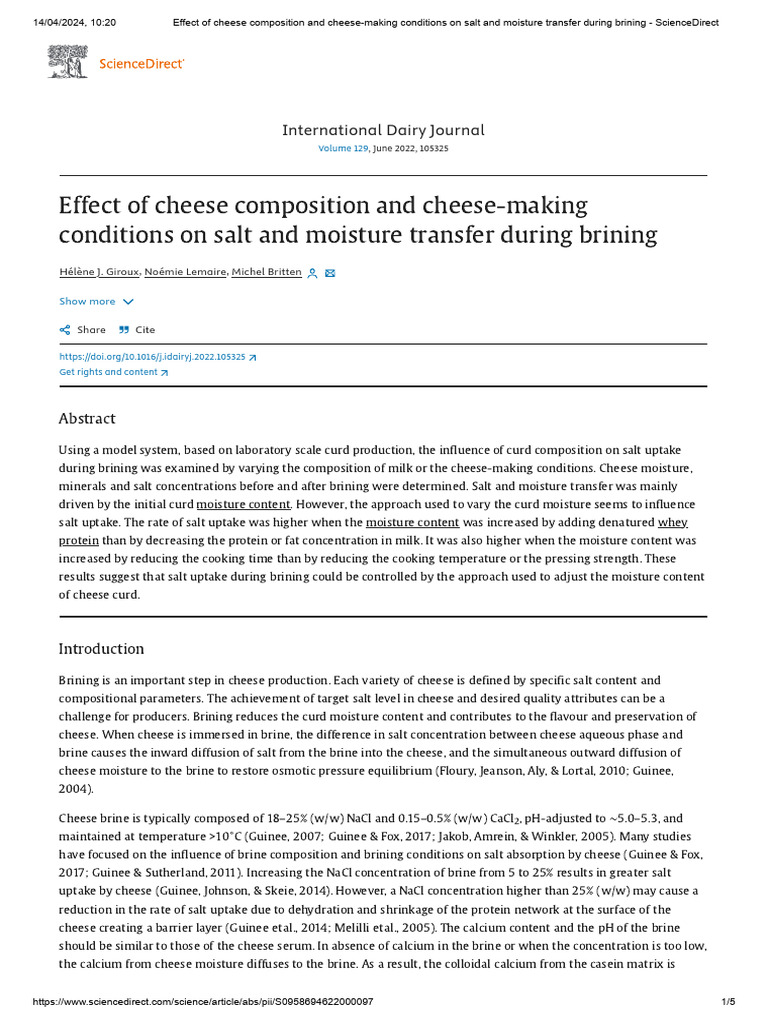 Cheese Brining: Salt & Moisture Dynamics | PDF | Cheesemaking | Cheese