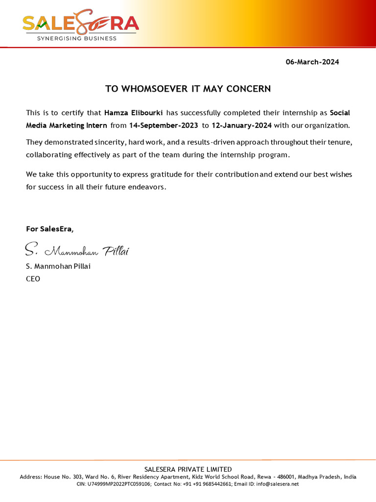 Internship Completion Certificate - Hamza Elibourki - SMM | PDF | Career & Growth