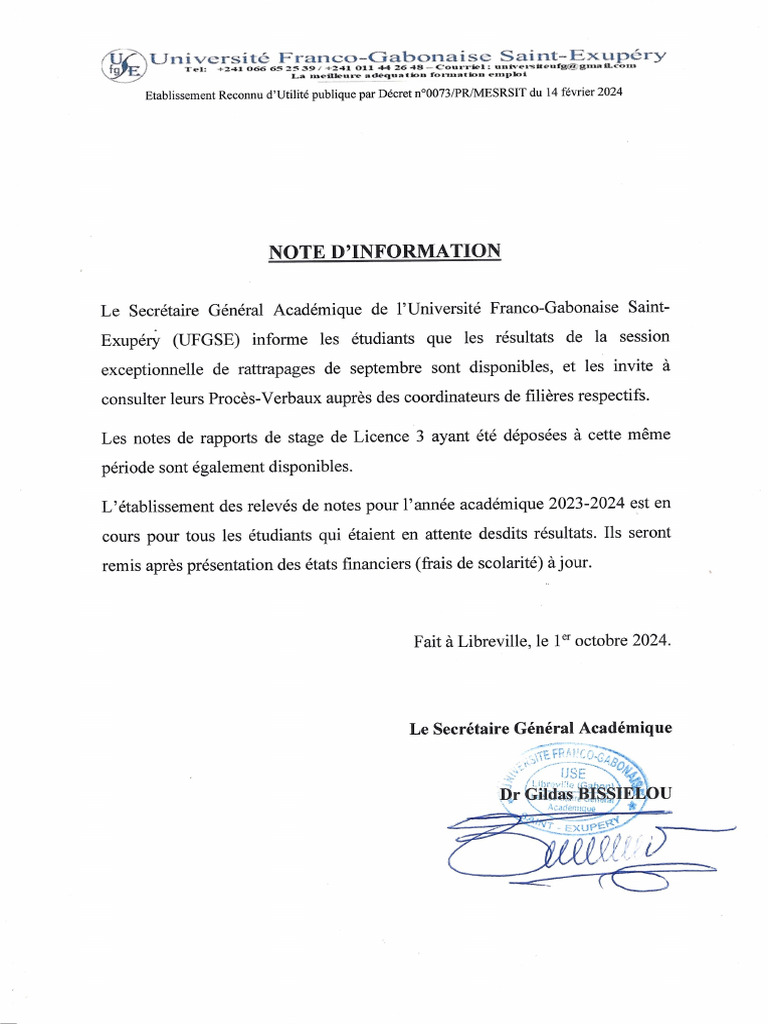 Note d'Information Resultats Session Septembre 2024 | PDF