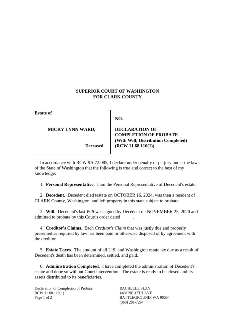Declaration Completion Ww Distcomp Pdf Probate Natural Resources Law 1628