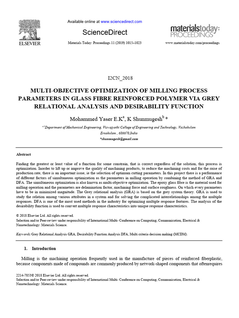 Multi Objective Optimization of Milling Process Parameters - 2019 - Materials T | PDF ...