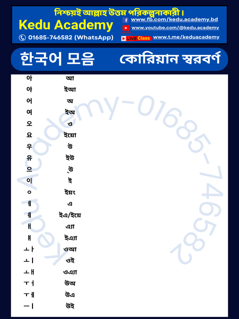 Korean Basic Vowels Bangla 2025 | PDF