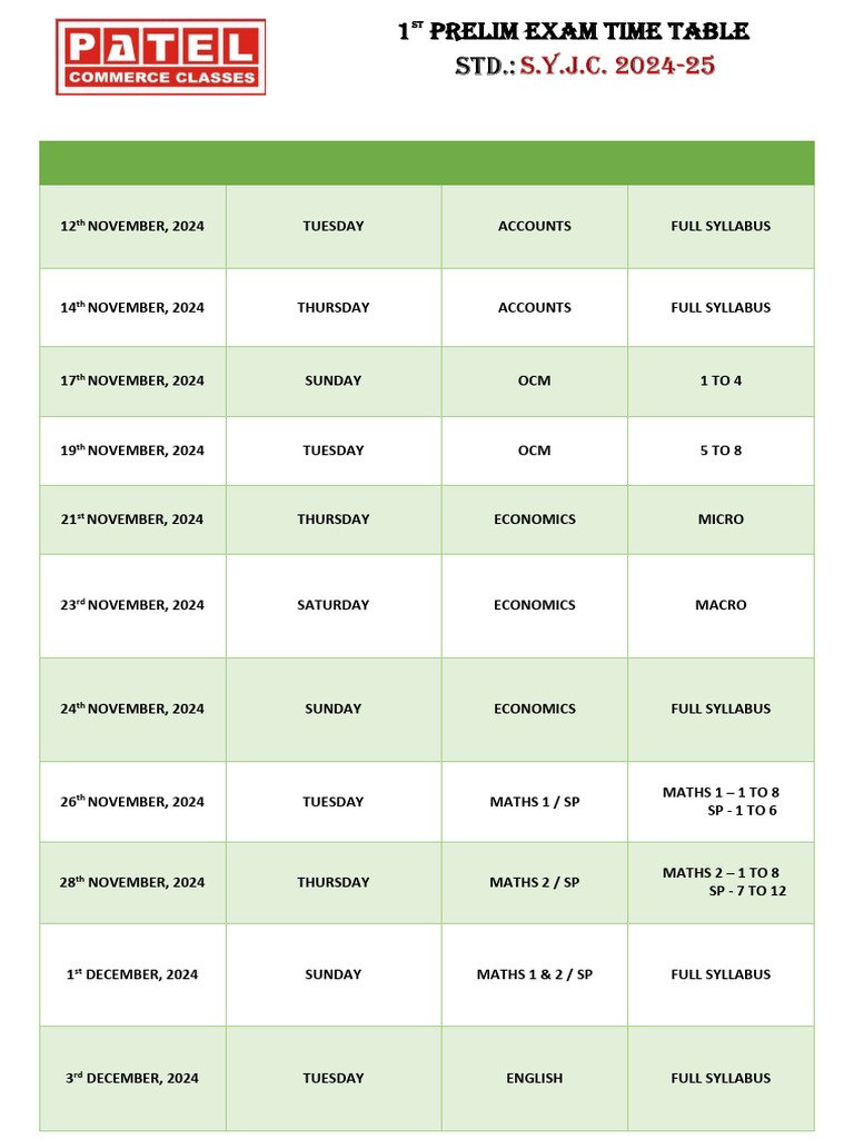 Syjc-1st Prelims Exam Time Table 24-25 | PDF