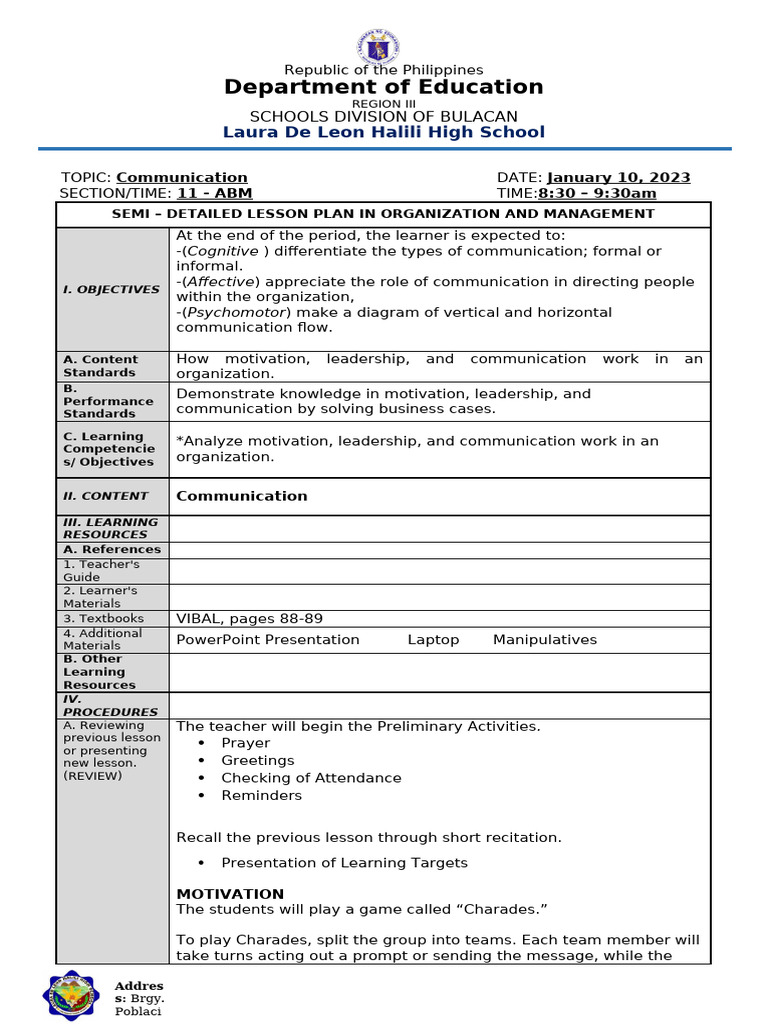 Semi-detailed-LP-for-COT Organization and Management - Communication | PDF | Communication ...